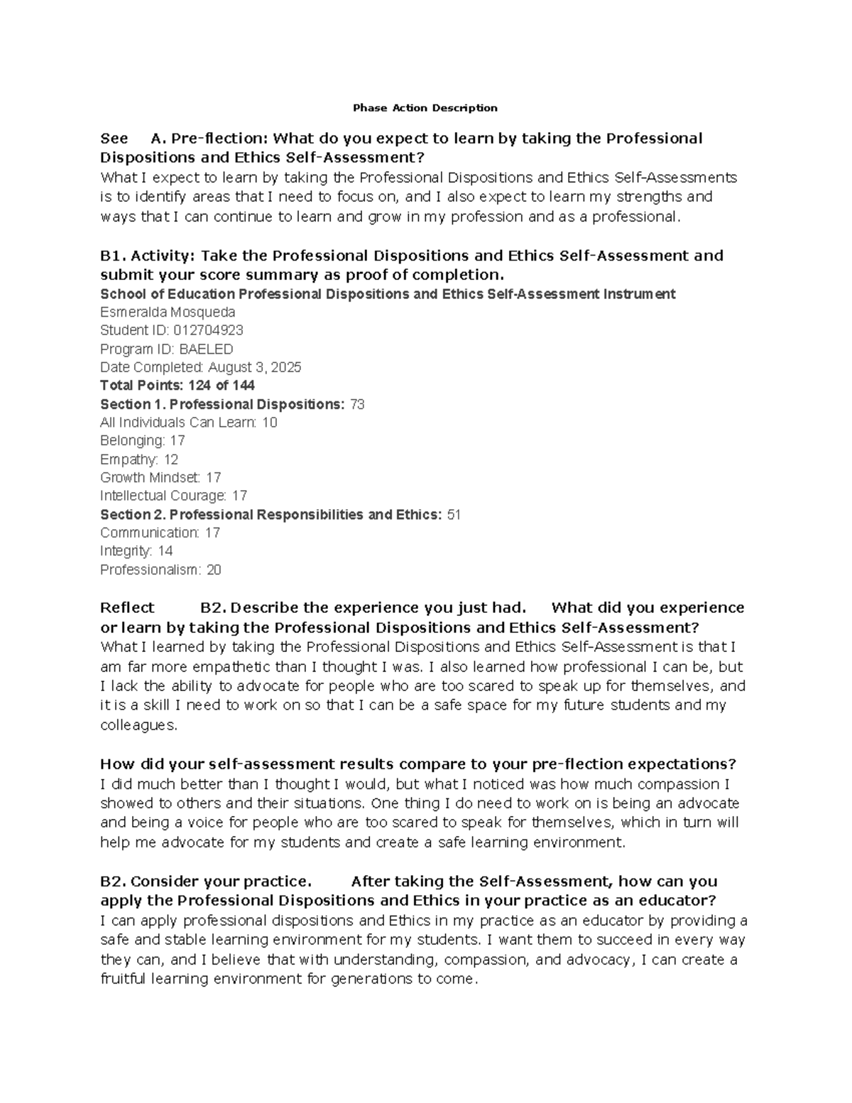 BAELED Professional Dispositions & Ethics Self-Assessment Reflection ...