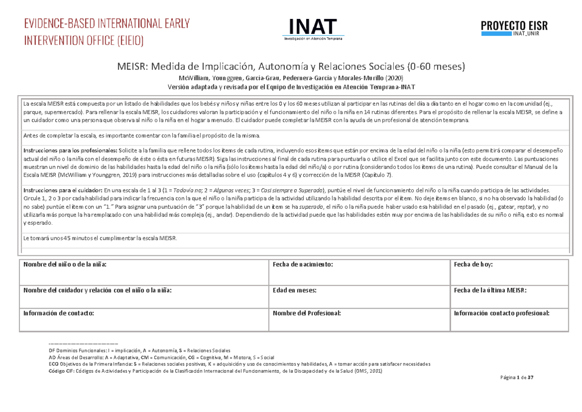 Escala MEISR: Evaluación de Habilidades en Niños de 0 a 60 Meses - Studocu