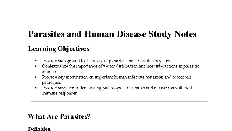 Parasites and Human Disease Study Notes (Course Code: PAR101) - Studocu