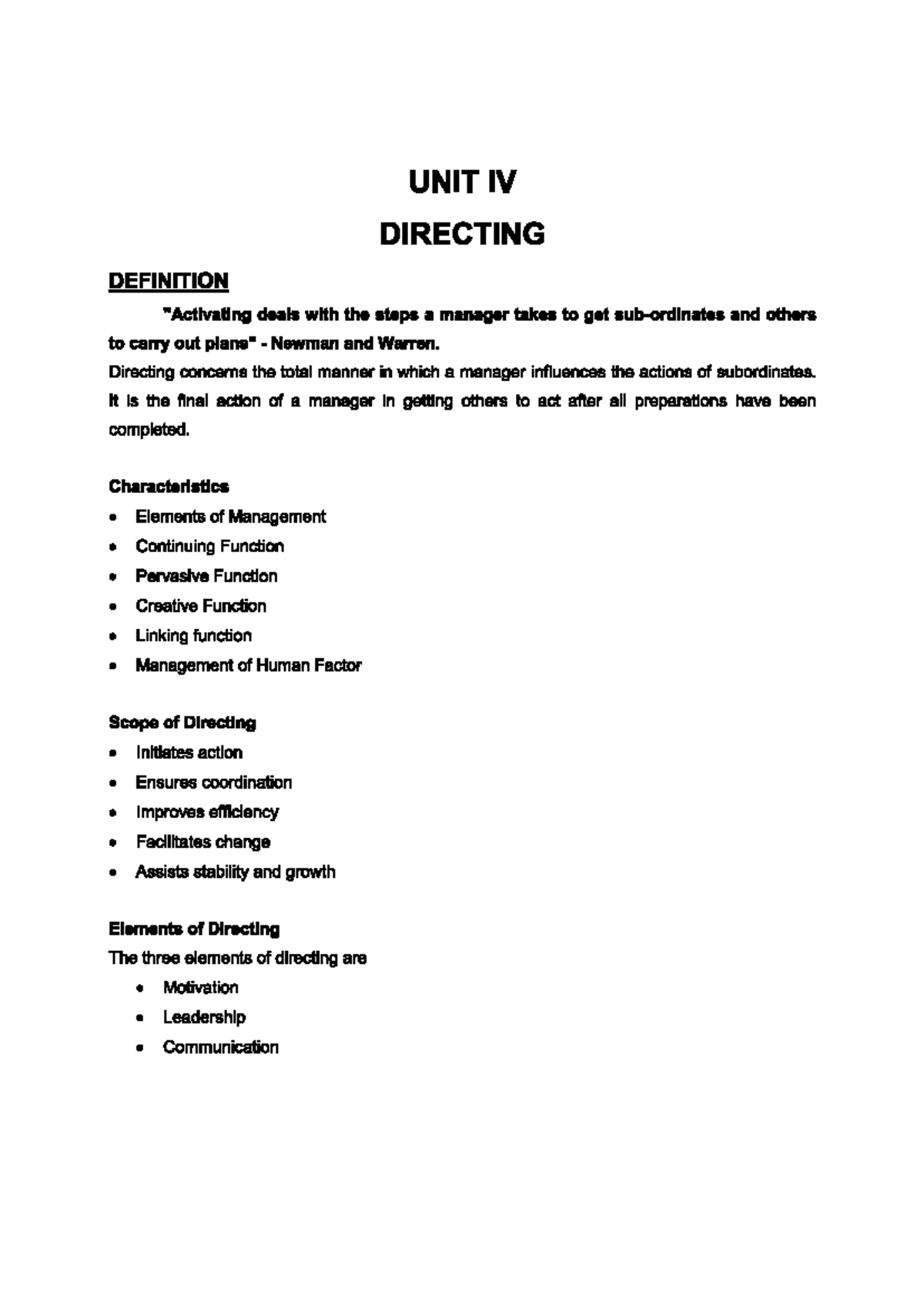 Unit - 4 Directing - POM - UNIT IV DIRECTING DEFINITION deals with the ...