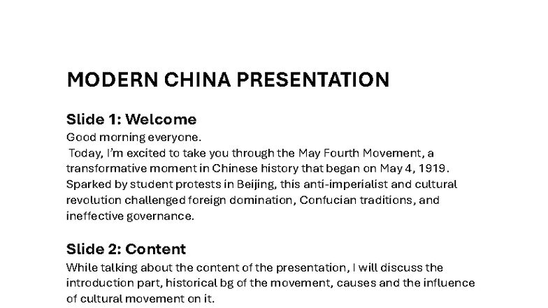 MODERN CHINA: The May Fourth Movement Presentation - Studocu