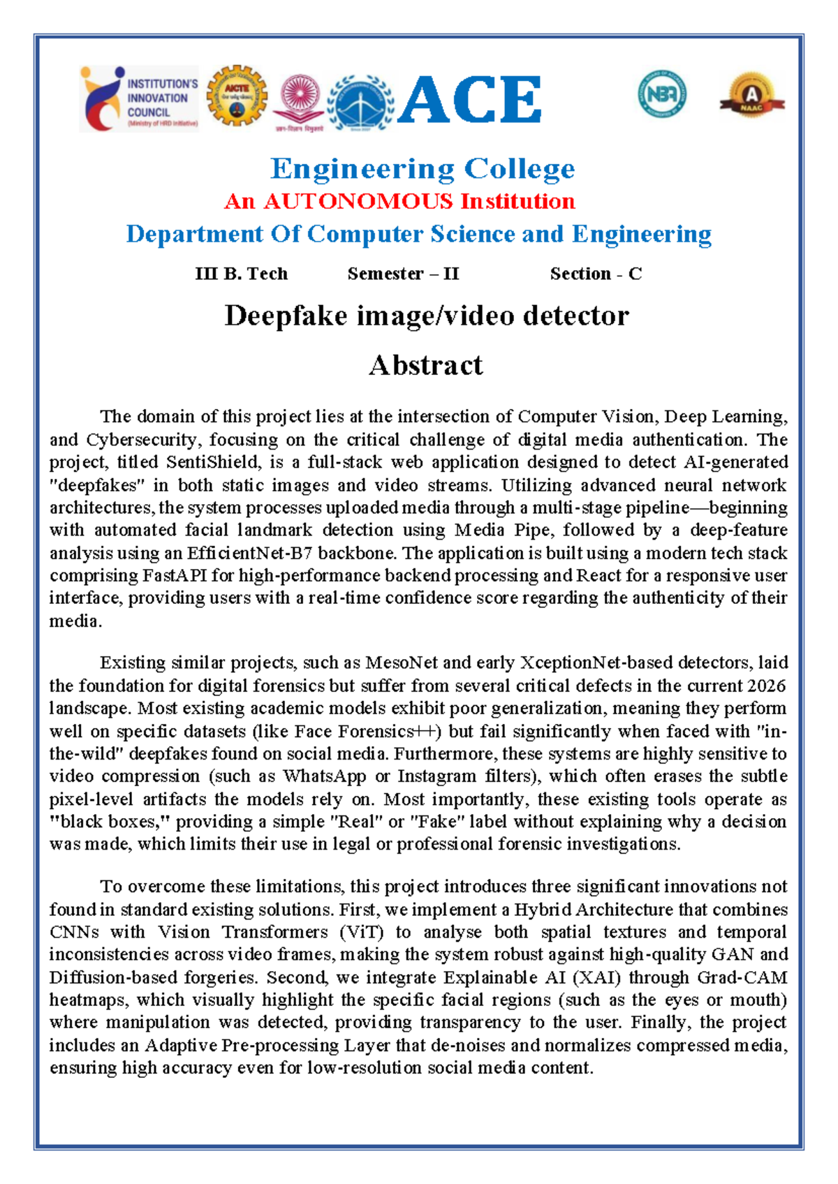CSE B.Tech Sem II Project: SentiShield Deepfake Detector - Studocu