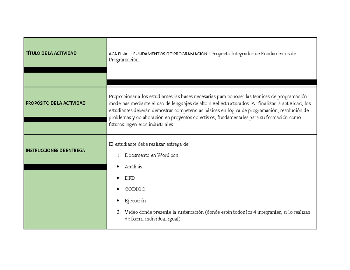 ACA Final Proyecto Integrador: Fundamentos de Programación - Studocu