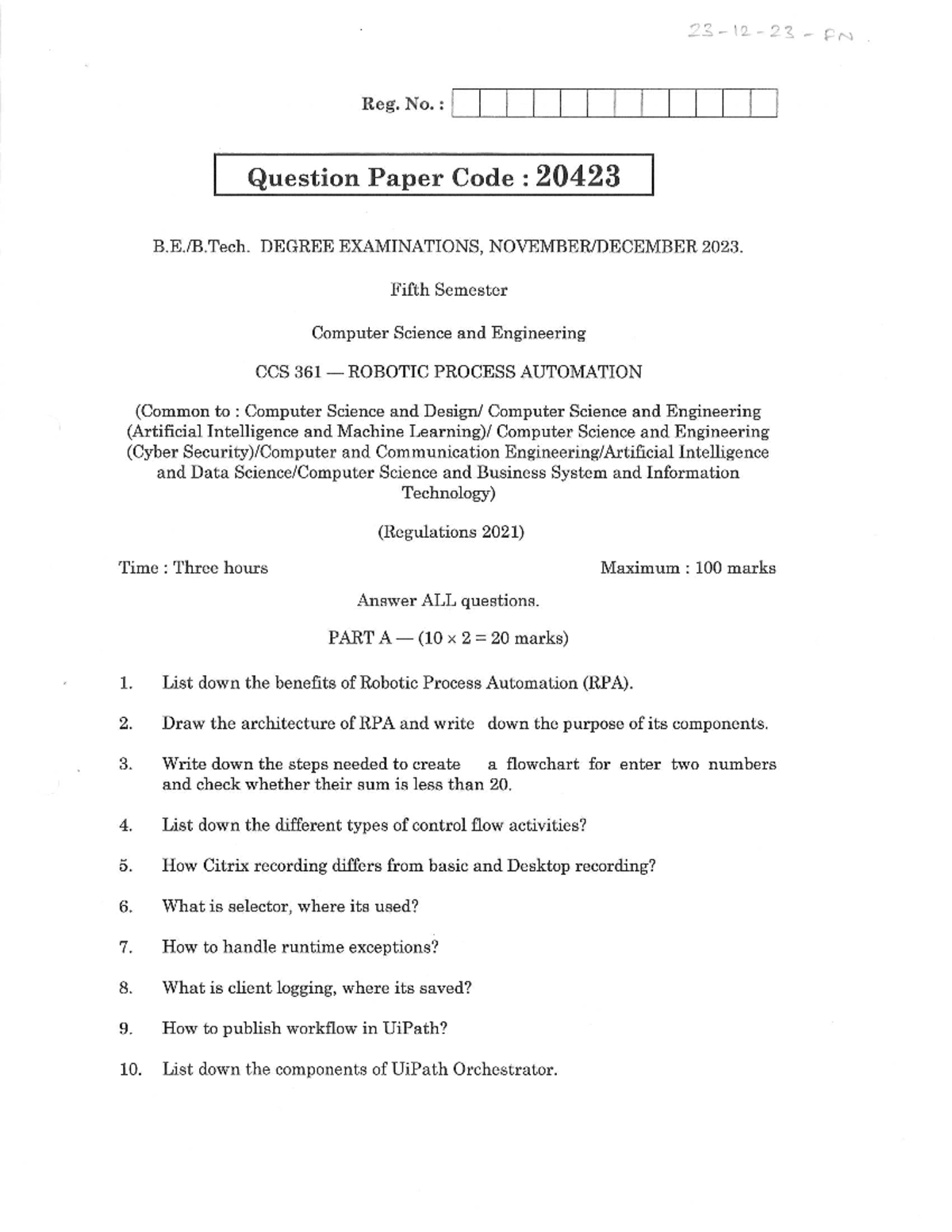 CCS 361 - Robotic Process Automation Exam Paper - Nov 2023 - Studocu
