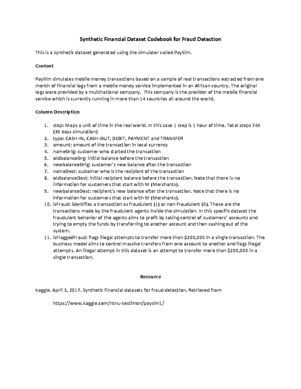 Synthetic Financial Dataset Codebook for Fraud Detection - Content ...