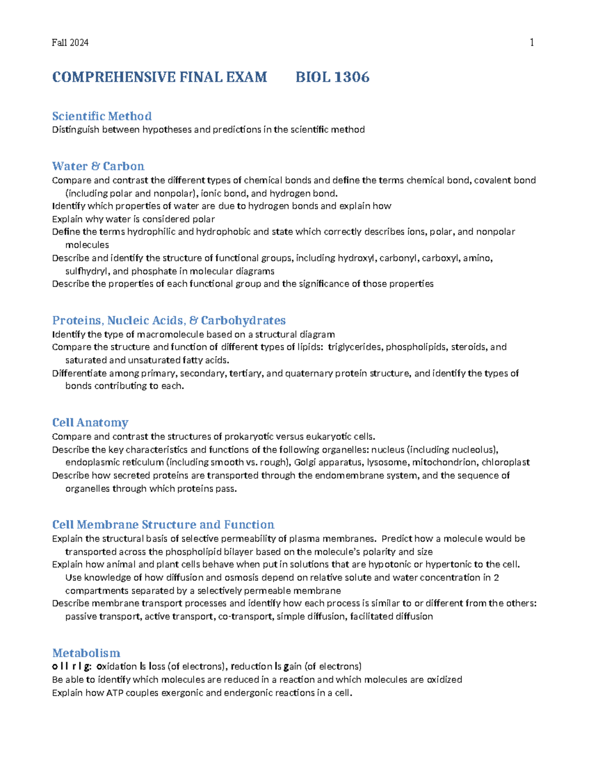 1306 Comprehensive Final Exam Study Guide - Fall 2024 - Studocu