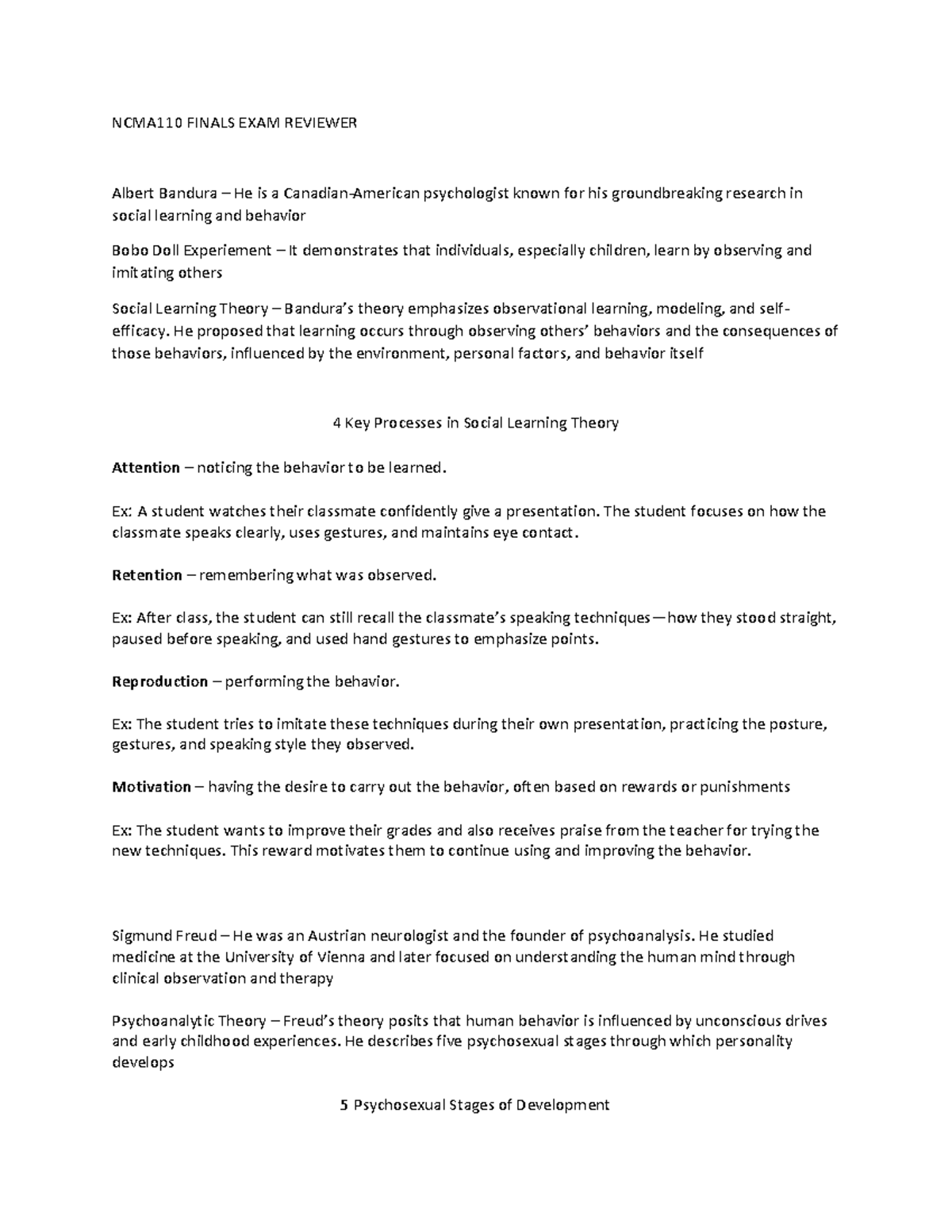 NCMA110 Final Exam Reviewer: Key Theories in Psychology - Studocu