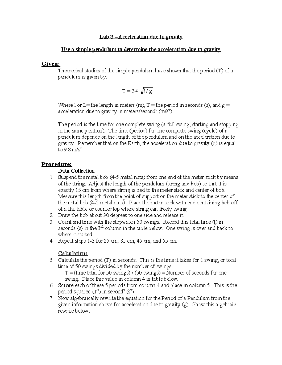 PHY110A Online Lab3 Acceleration Due to Gravity - Lab 3 – Acceleration ...