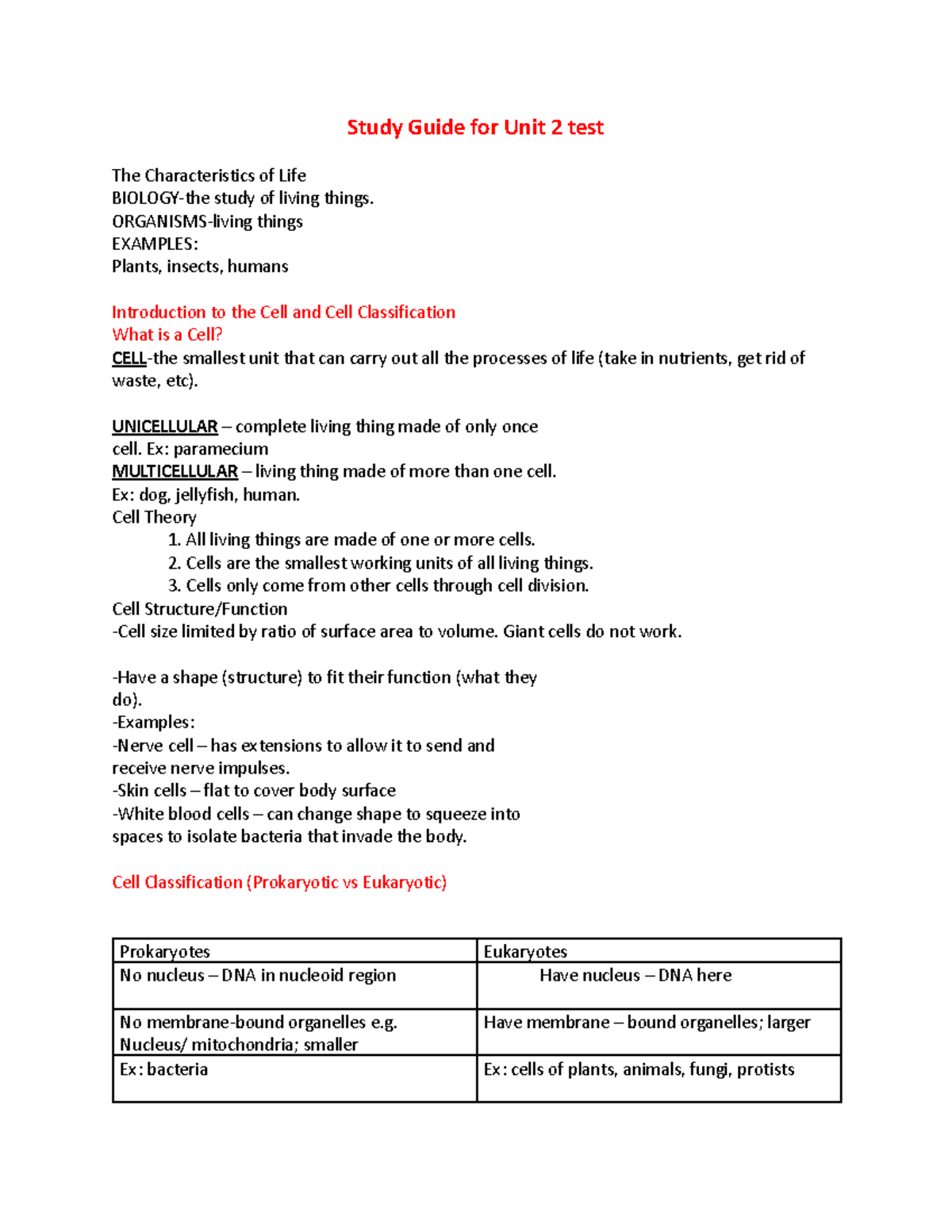 Biology Unit 2 Study Guide: Cell Structure & Function - Studocu