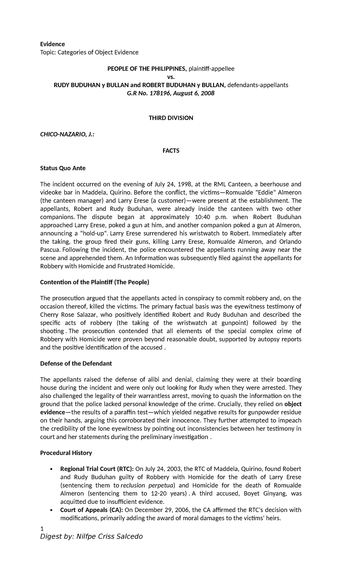 Evidence Analysis: People v. Buduhan, G.R. No. 178196 (2008) - Studocu
