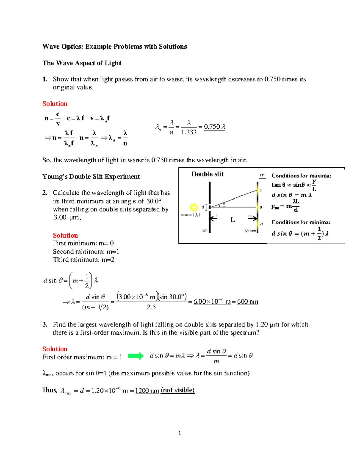 Wave Optics Example Problems with Solutions - Solution So, the ...