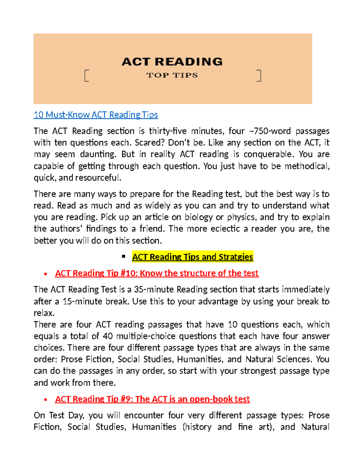 ACT Reading Tips - 10 Must-Know ACT Reading Tips The ACT Reading ...