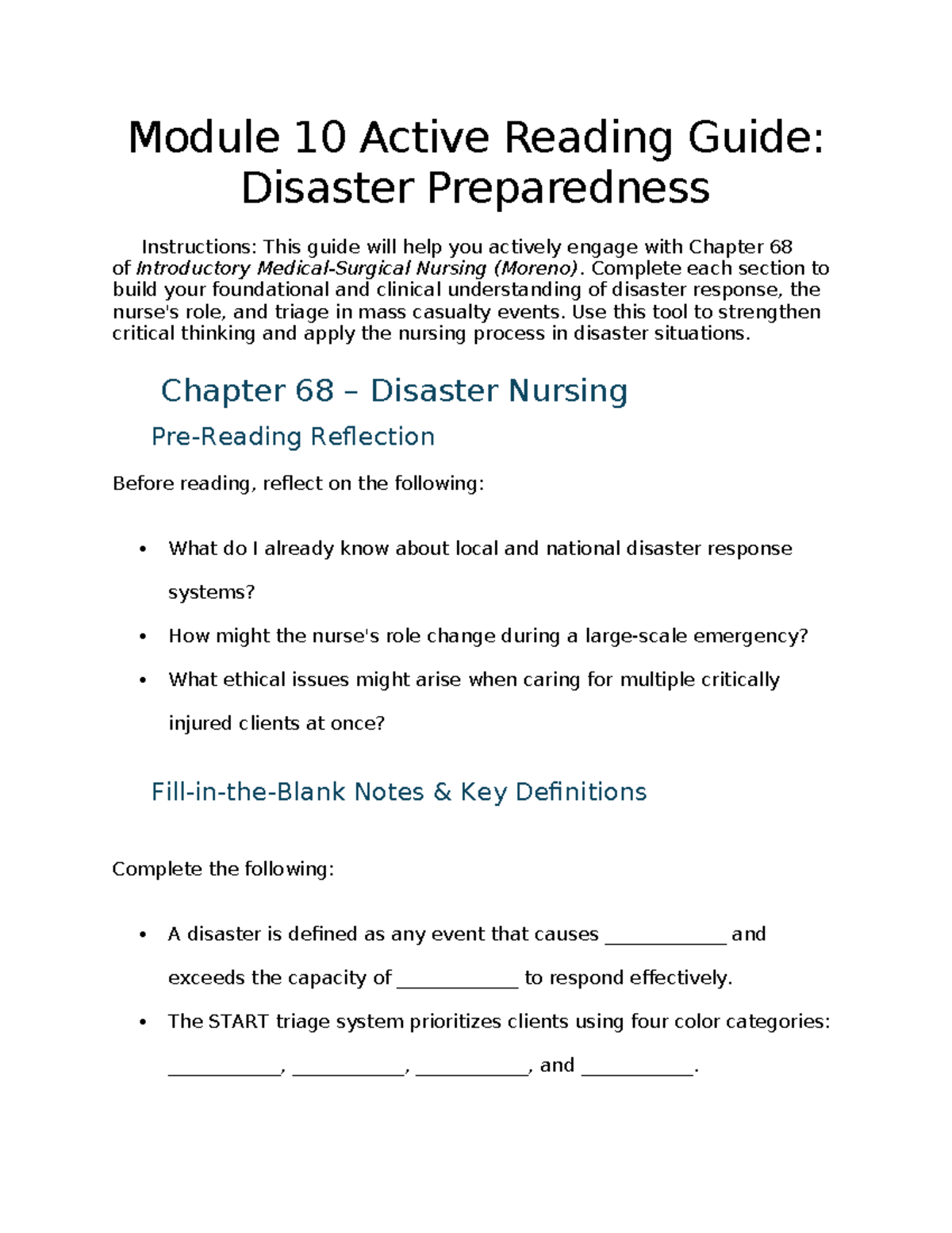 NUR2755 Module 10 Active Reading Guide: Disaster Preparedness Insights - Studocu