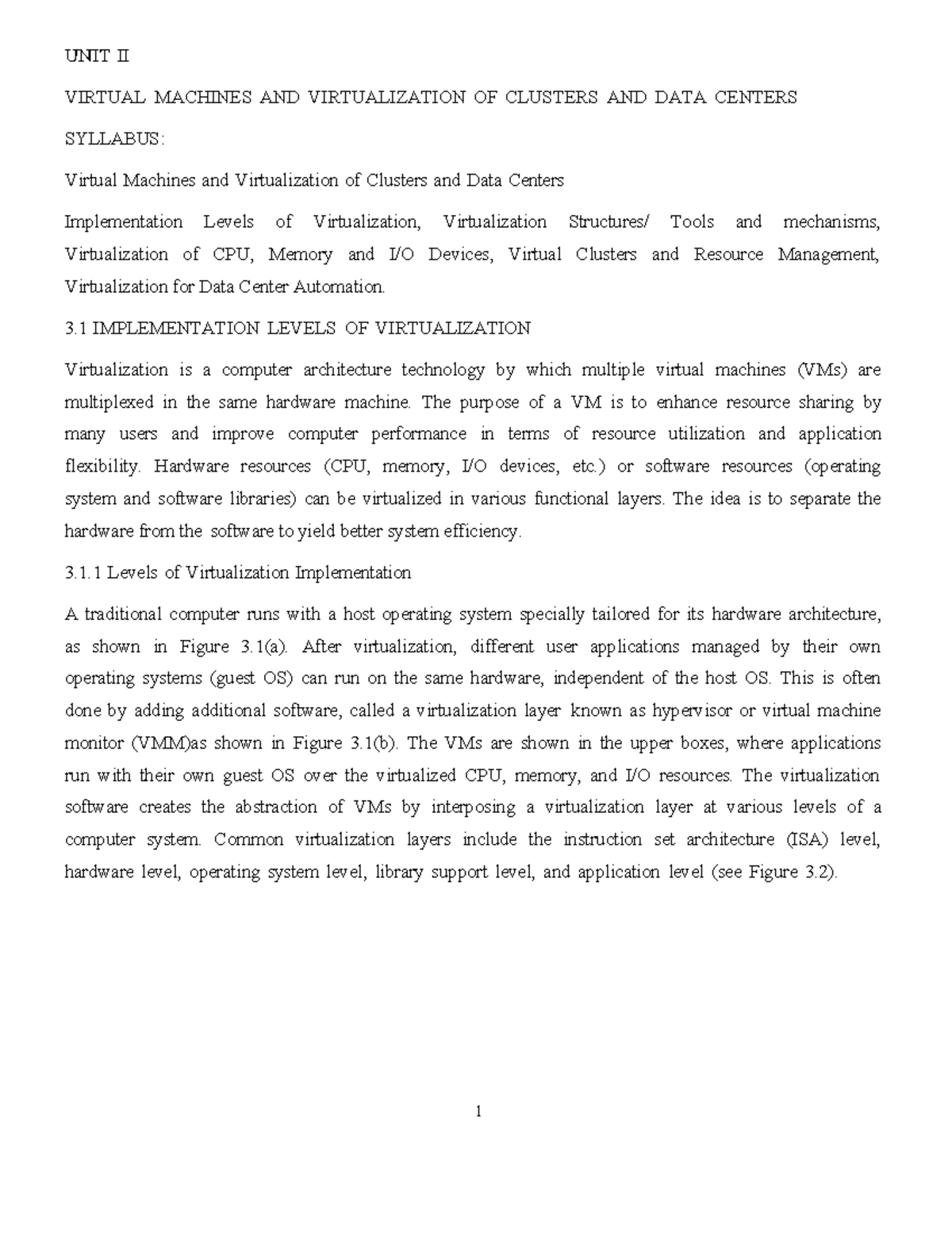 UNIT II - Virtual Machines & Virtualization of Clusters Syllabus - Studocu