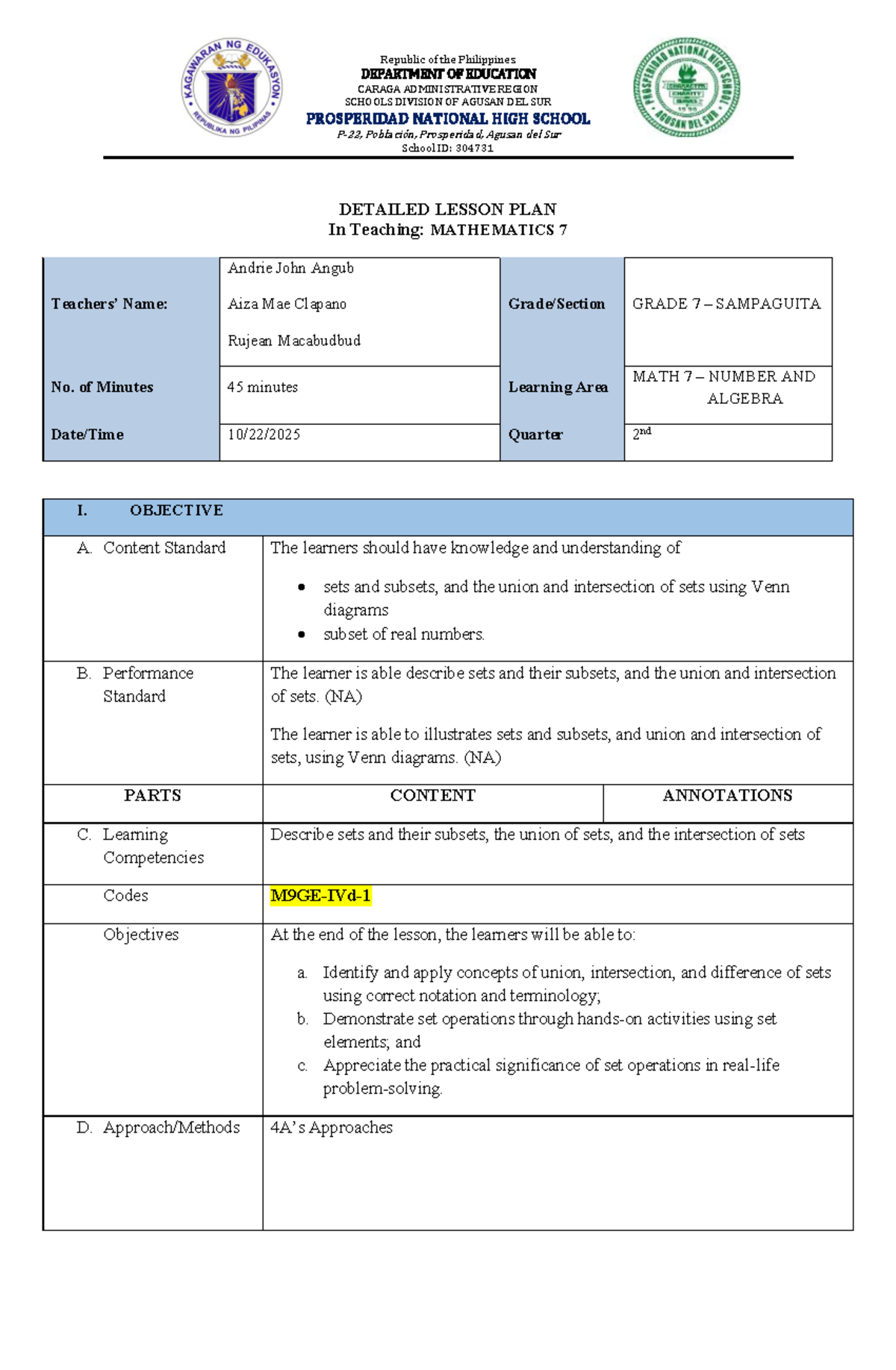Detailed Lesson Plan on Union and Intersection in MATH 7 - Studocu