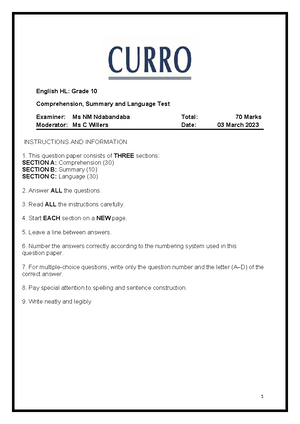 Gr 10 essay task T2 - ENGLISH HOME LANGUAGE GRADE 10 - SBA ESSAY ...