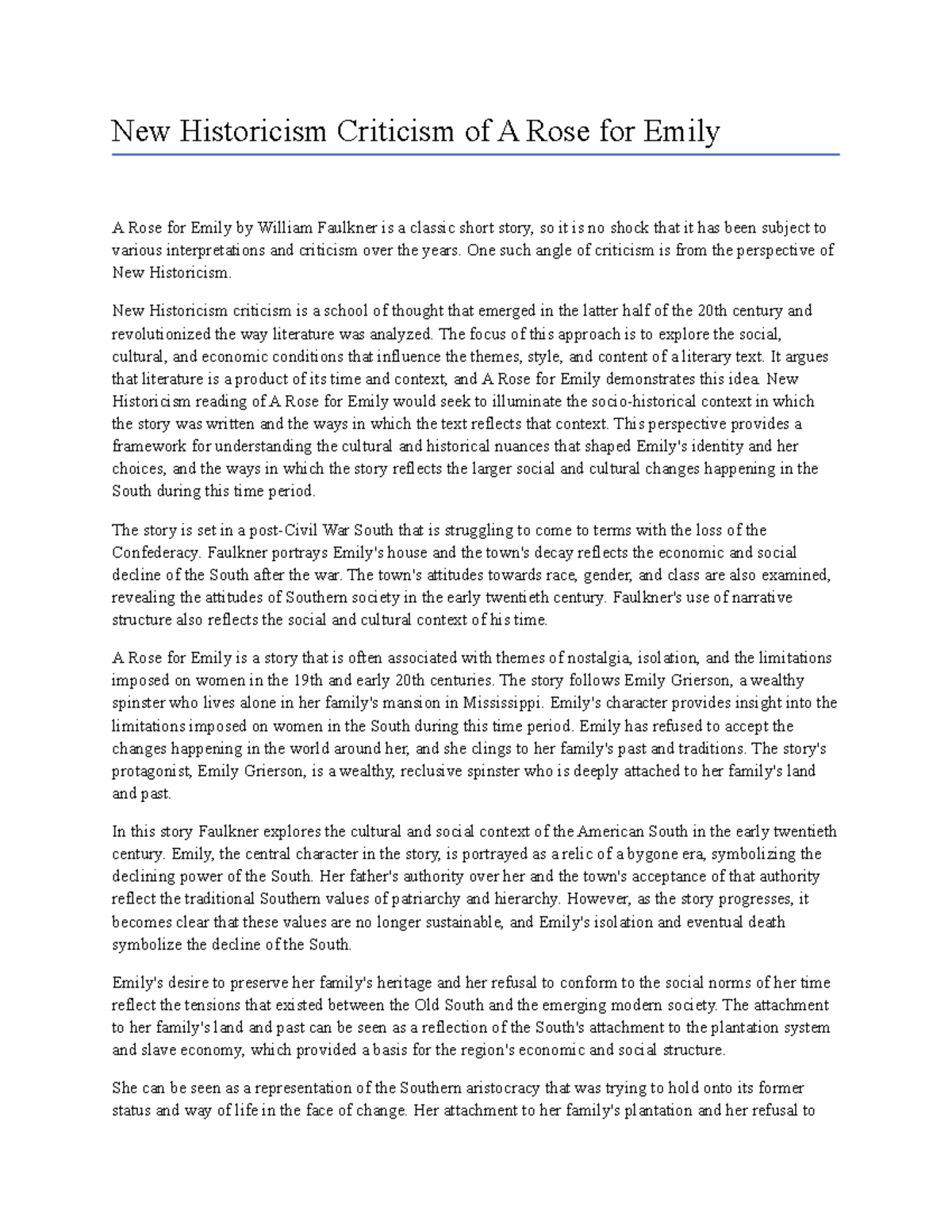 New Historicism Analysis of Faulkner's A Rose for Emily Essay - Studocu