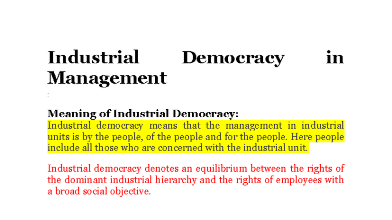 Industrial Democracy Management: Principles and Objectives - Studocu