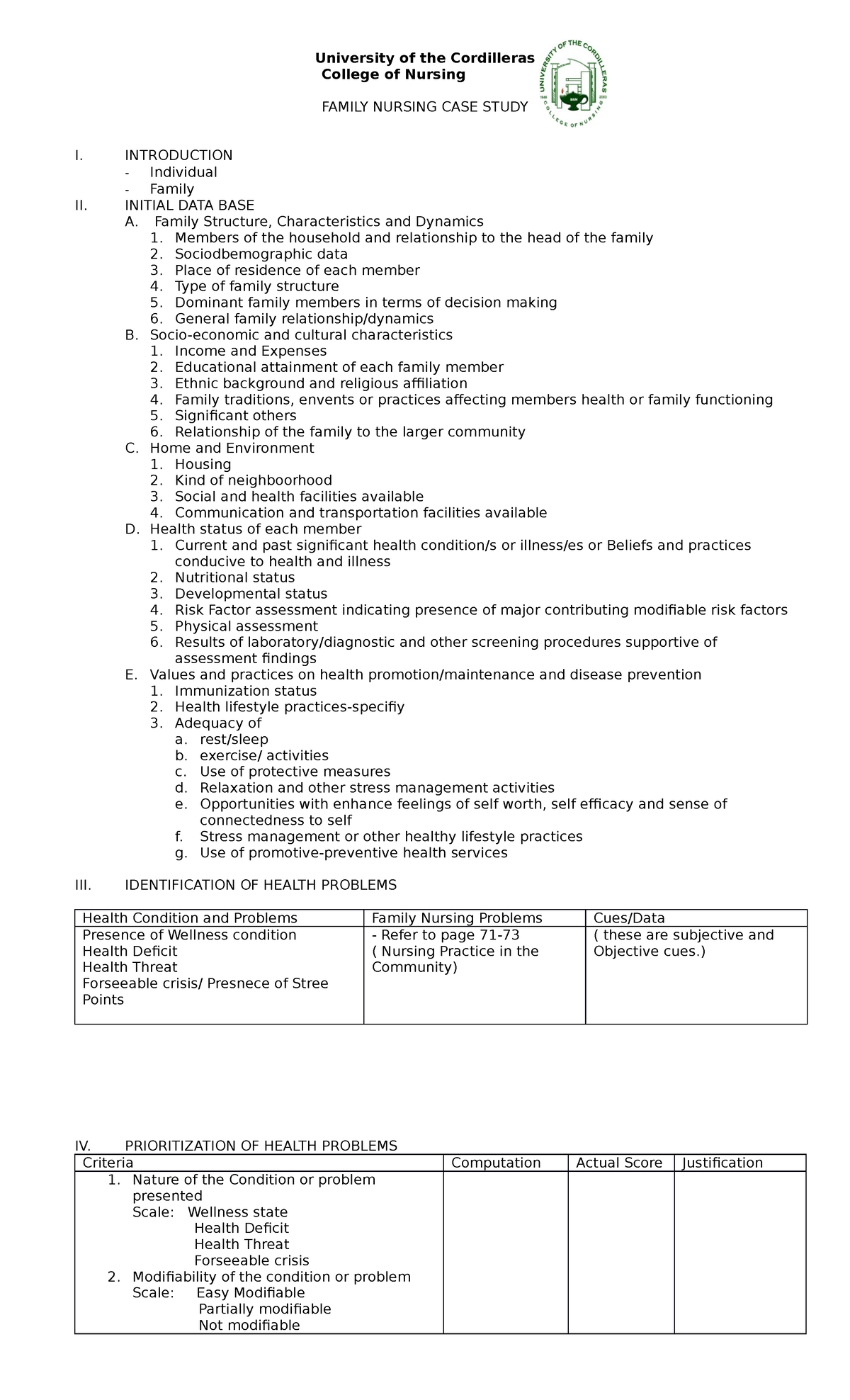 Family case study format - University of the Cordilleras College of ...