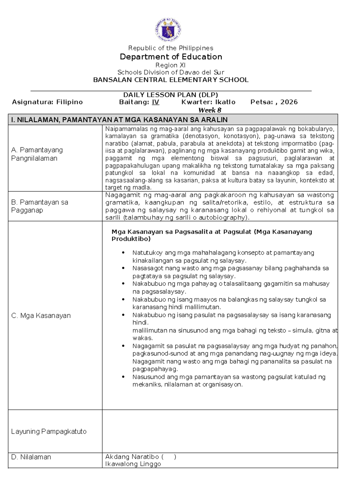 Filipino IV Daily Lesson Plan (DLP) - Week 8, Quarter 3 - Studocu