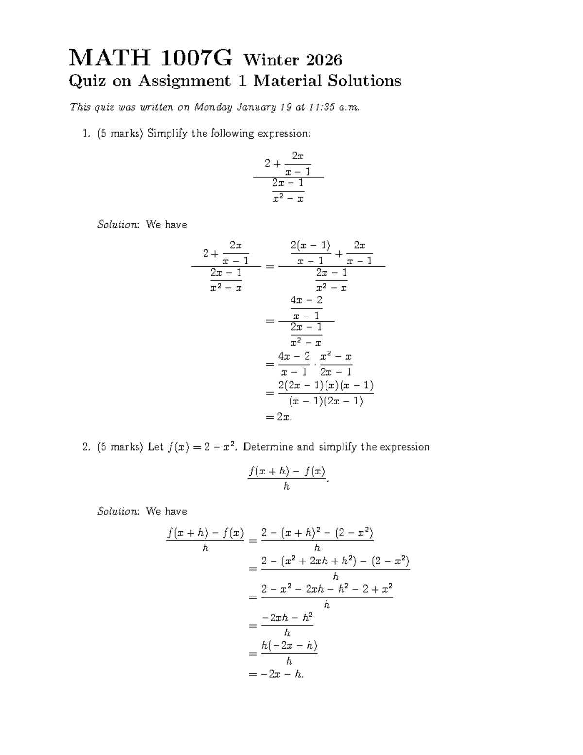 MATH 1007G Winter 2026 Quiz 1 Solutions for Assignment Material - Studocu
