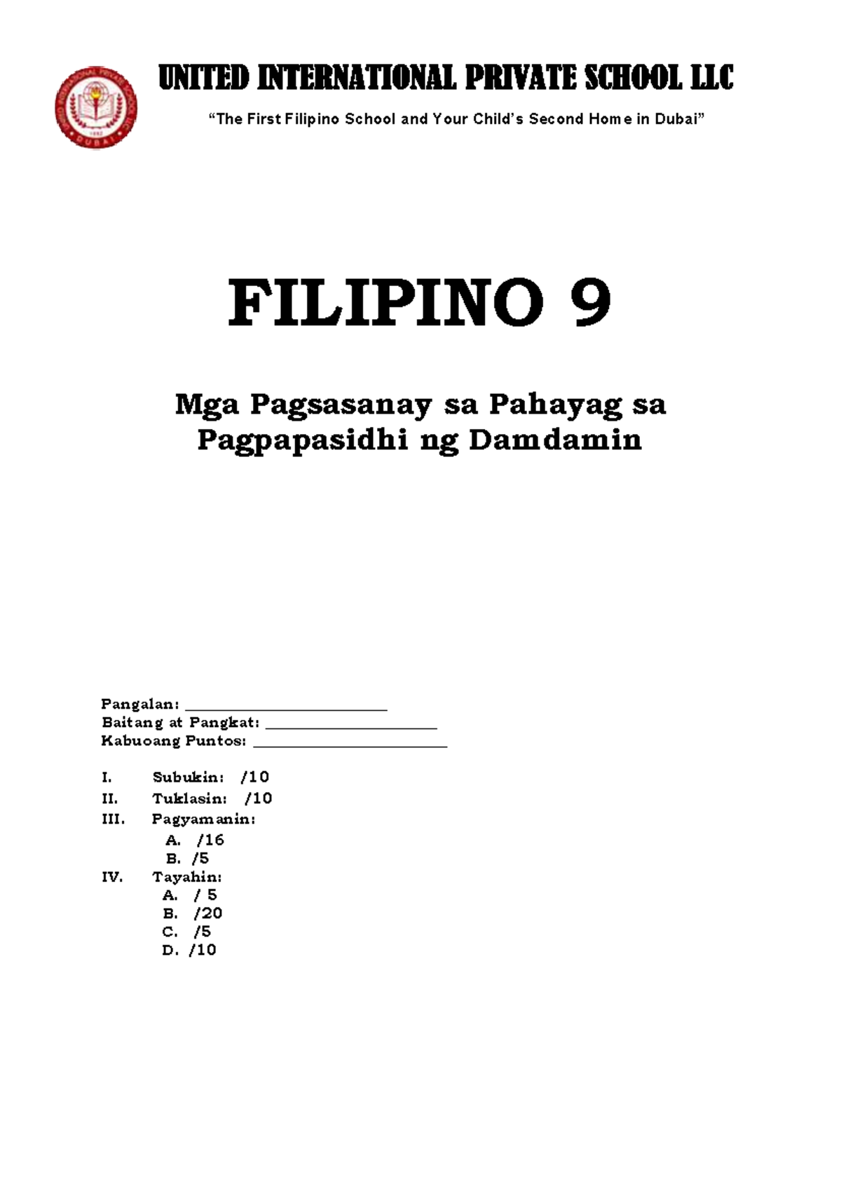 Mga Pagsasanay sa FILIPINO 9: Pagpapasidhi ng Damdamin - Studocu