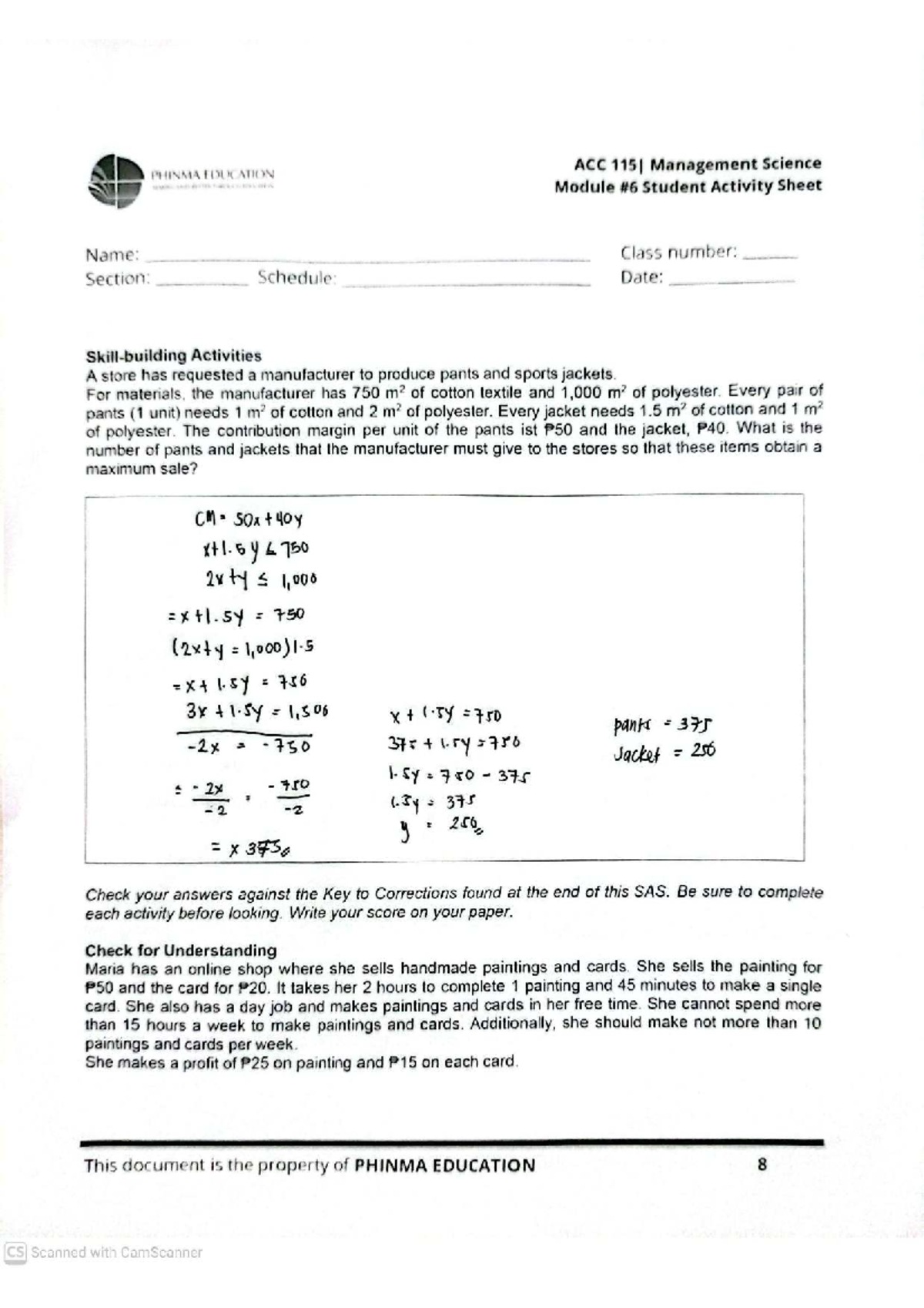 ACC 115 I Management Science: Module 6 Student Activity Sheet - Studocu