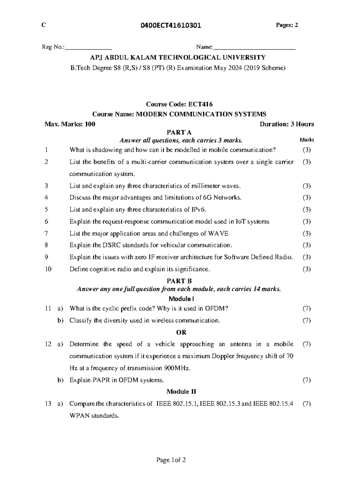 ECT416 - Modern Communication Systems: May 2024 Exam Questions - Studocu