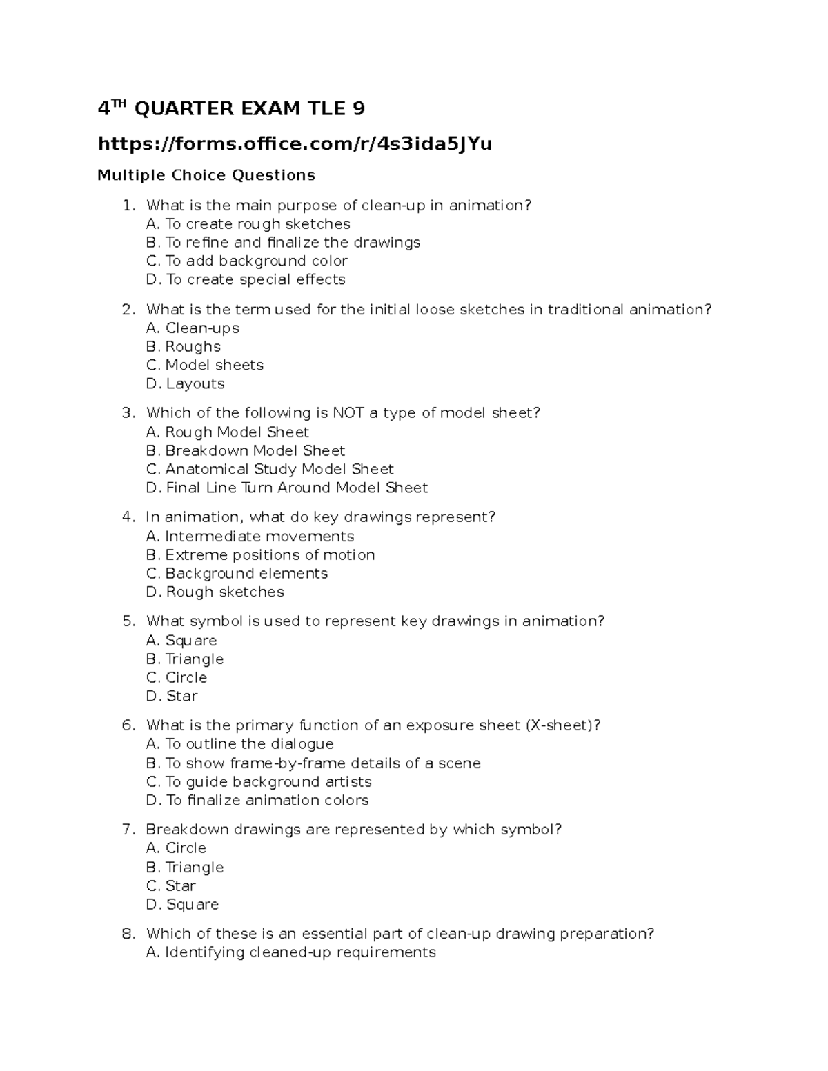 4TH Quarter EXAM TLE 9 - Animation Multiple Choice Questions - Studocu