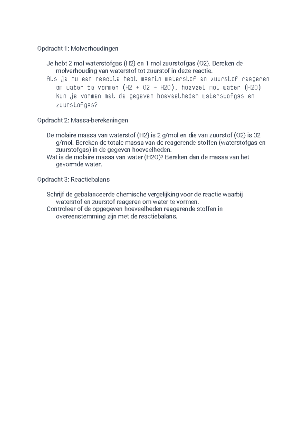 Oefeningen Molrekenen: Molverhoudingen, Massa- & Reactiebalans ...