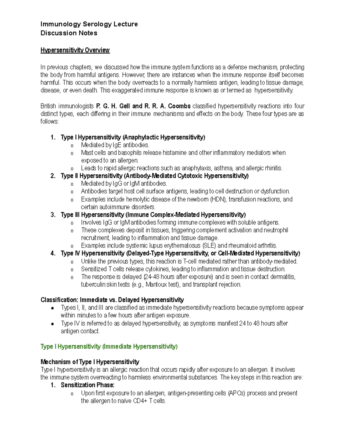 Immunology Serology Lecture Notes: Hypersensitivity Overview (CCD ...