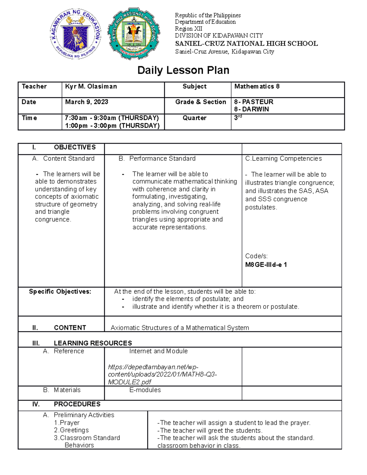 MATH 8 Lesson Plan 3: Axiomatic Geometry & Triangle Congruence - Studocu