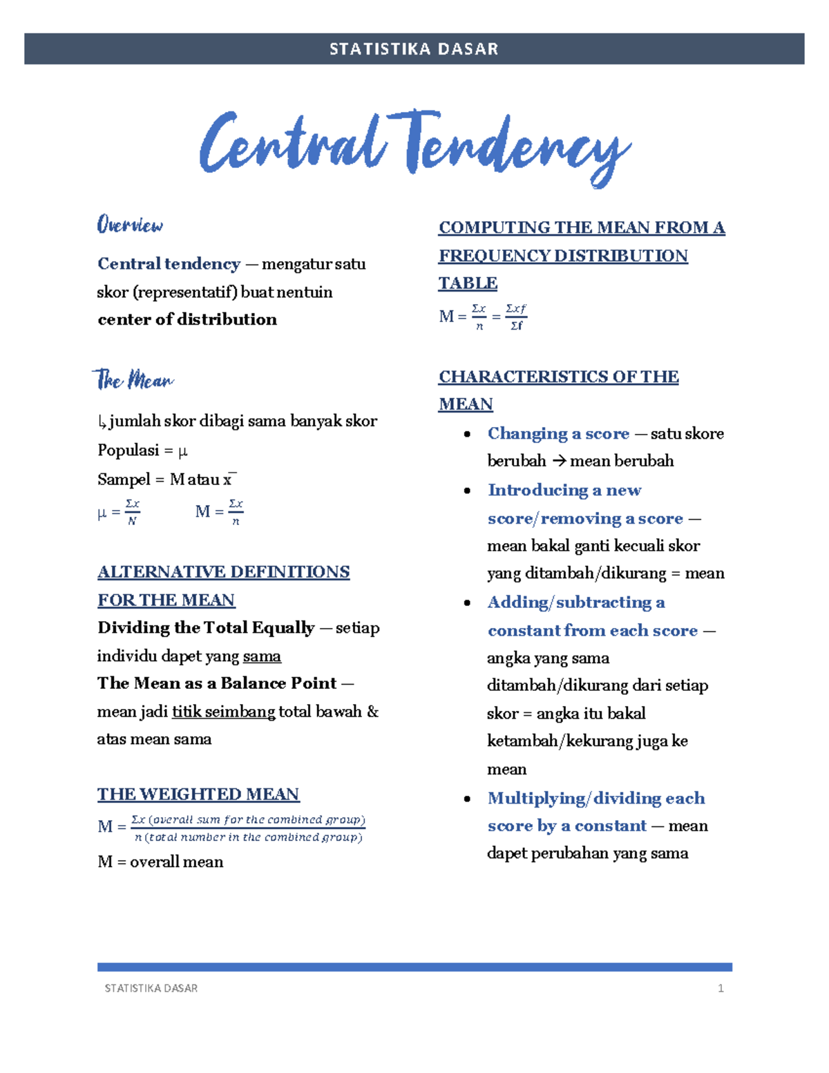 Chapter 3: Central Tendency in STATISTIKA DASAR 1 - Studocu