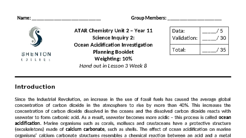 ATAR Chemistry Unit 2 Year 11: Ocean Acidification Investigation ...