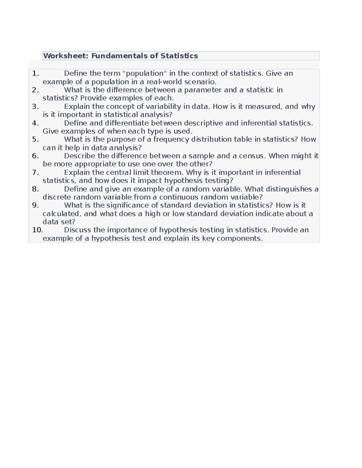 Worksheet 1: Fundamentals of Statistics Overview and Key Concepts - Studocu