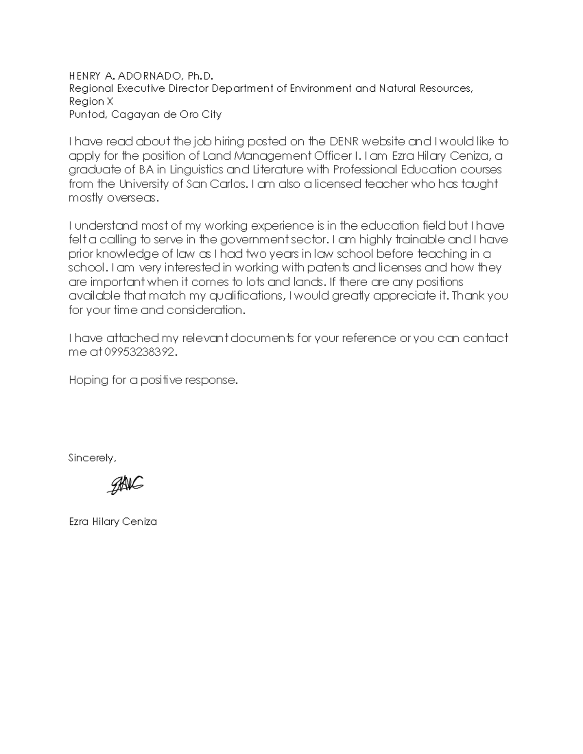 DENR Application Letter for Land Management Officer I Position - Studocu