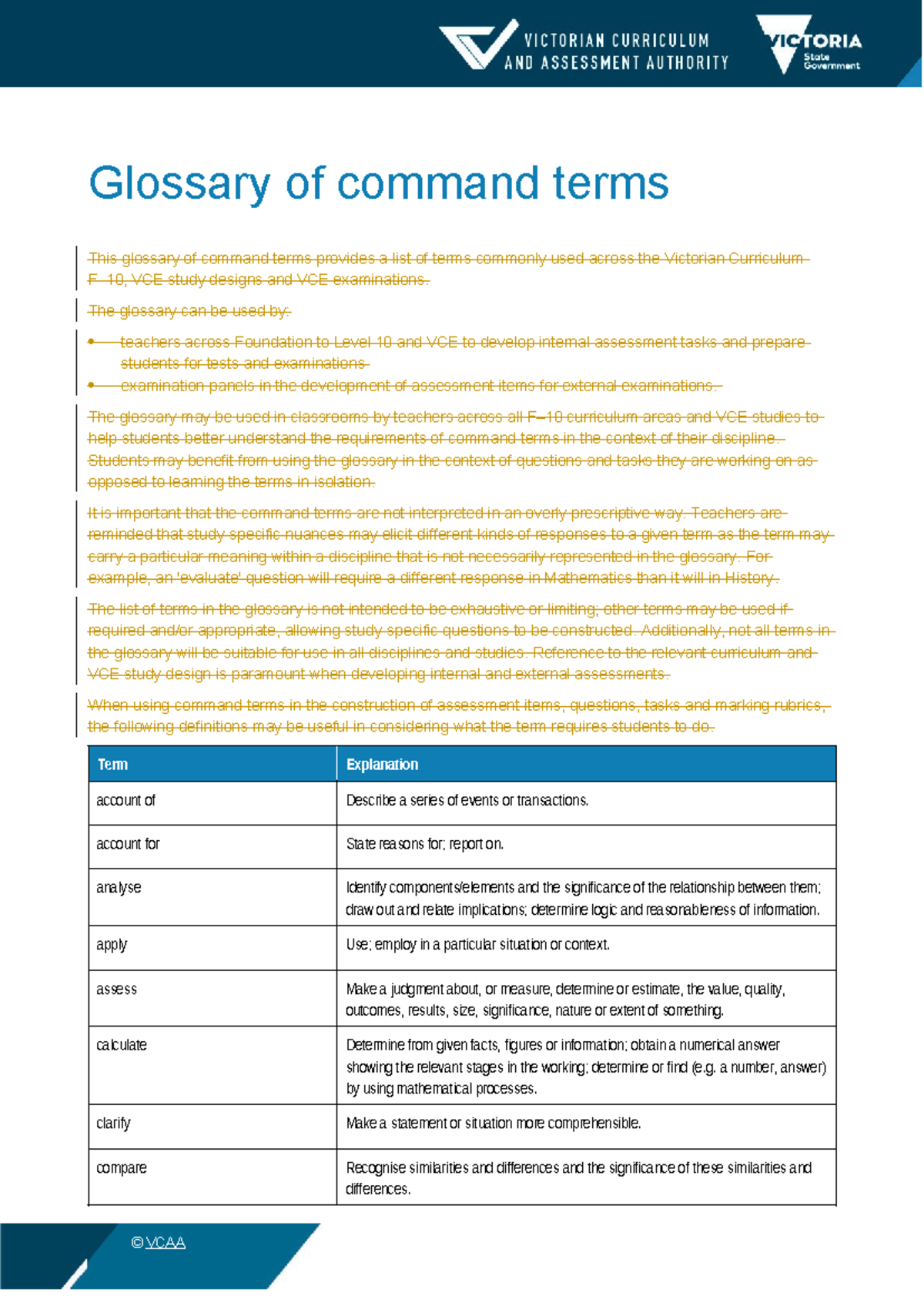 VCE Glossary of Command Terms for Assessment and Exams - Studocu