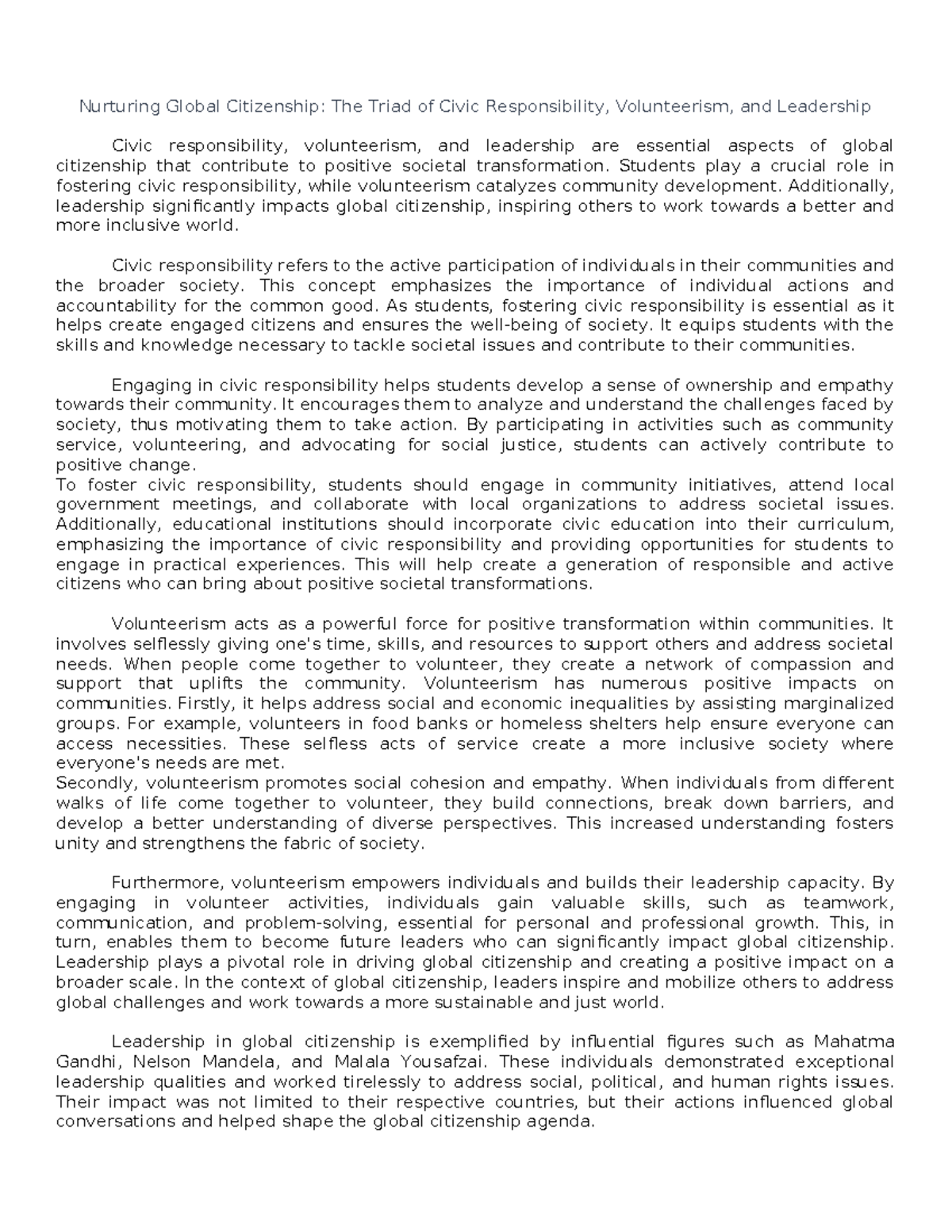 CIV-303 Final Exam: Nurturing Civic Responsibility & Global Citizenship ...