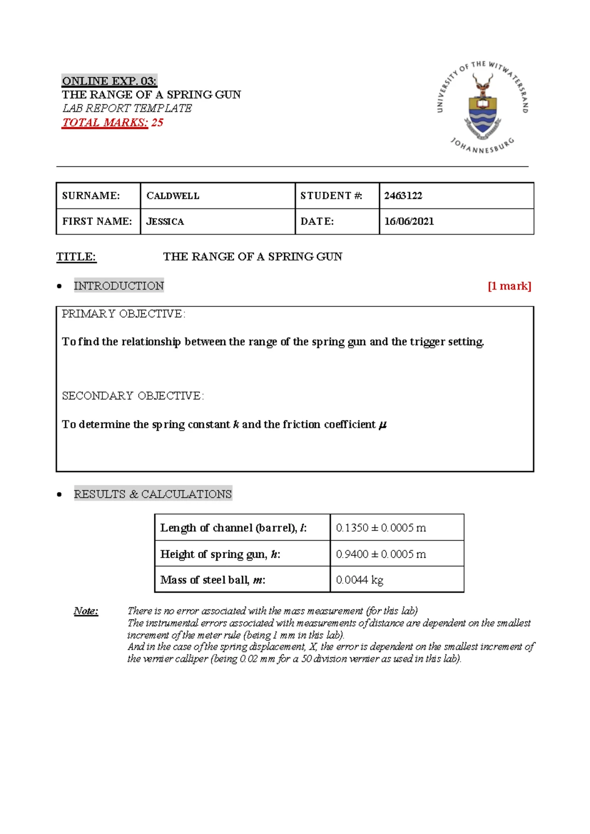 Ecsa registration report example - 1 of 9 Surname and Initials ...