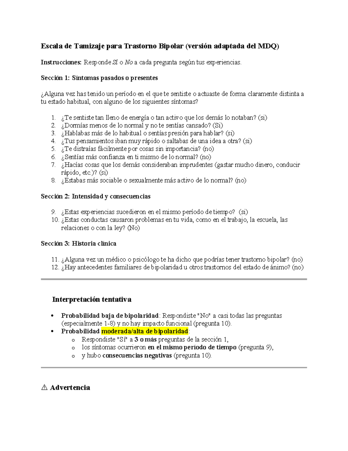 Escala de Tamizaje para Trastorno Bipolar: Instrucciones y Cuestionario ...