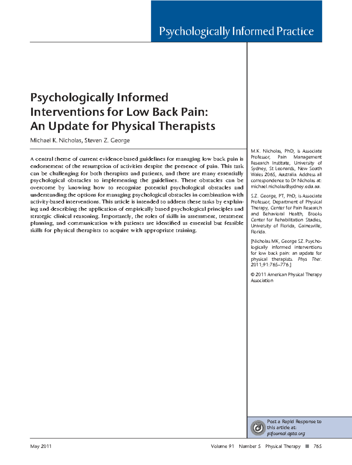 Psychologically Informed Interventions for Low Back Pain: Update for ...