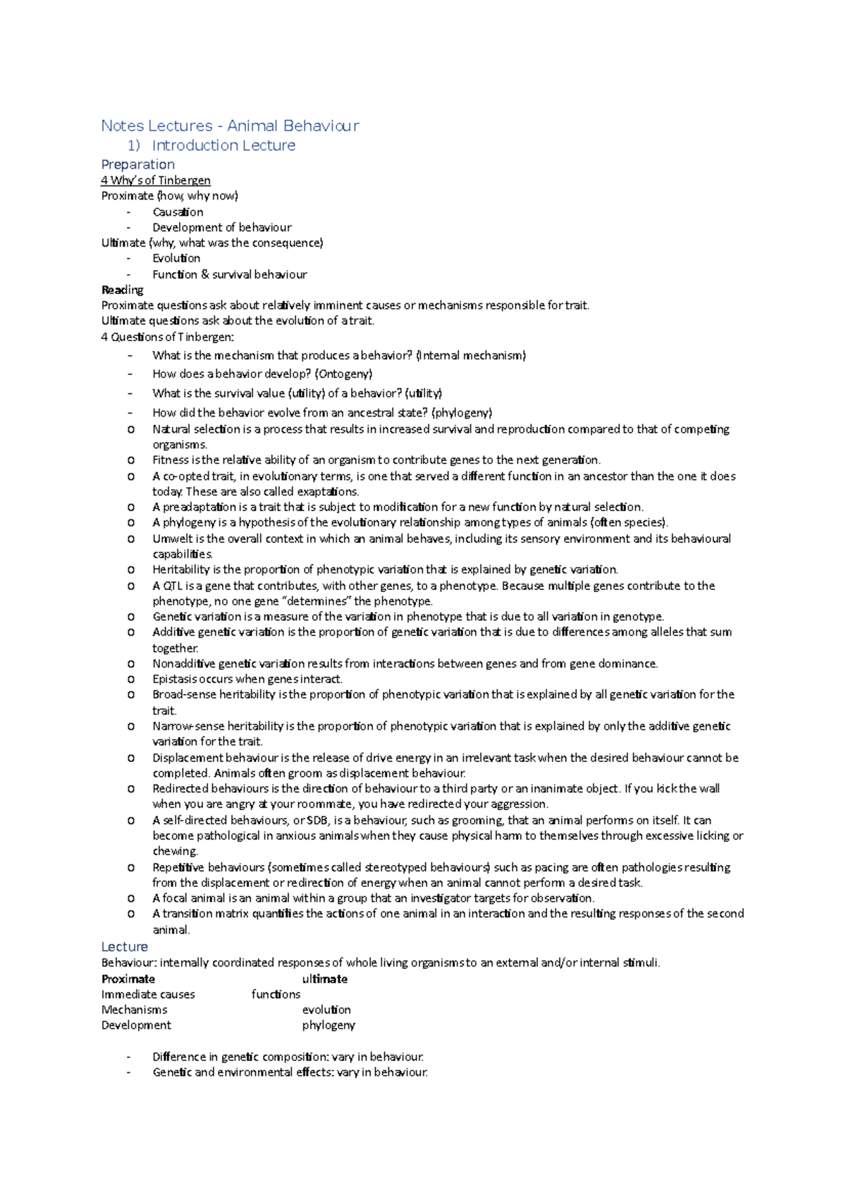 Lecture notes - Animal Behaviour - Notes Lectures - Animal Behaviour 1 ...