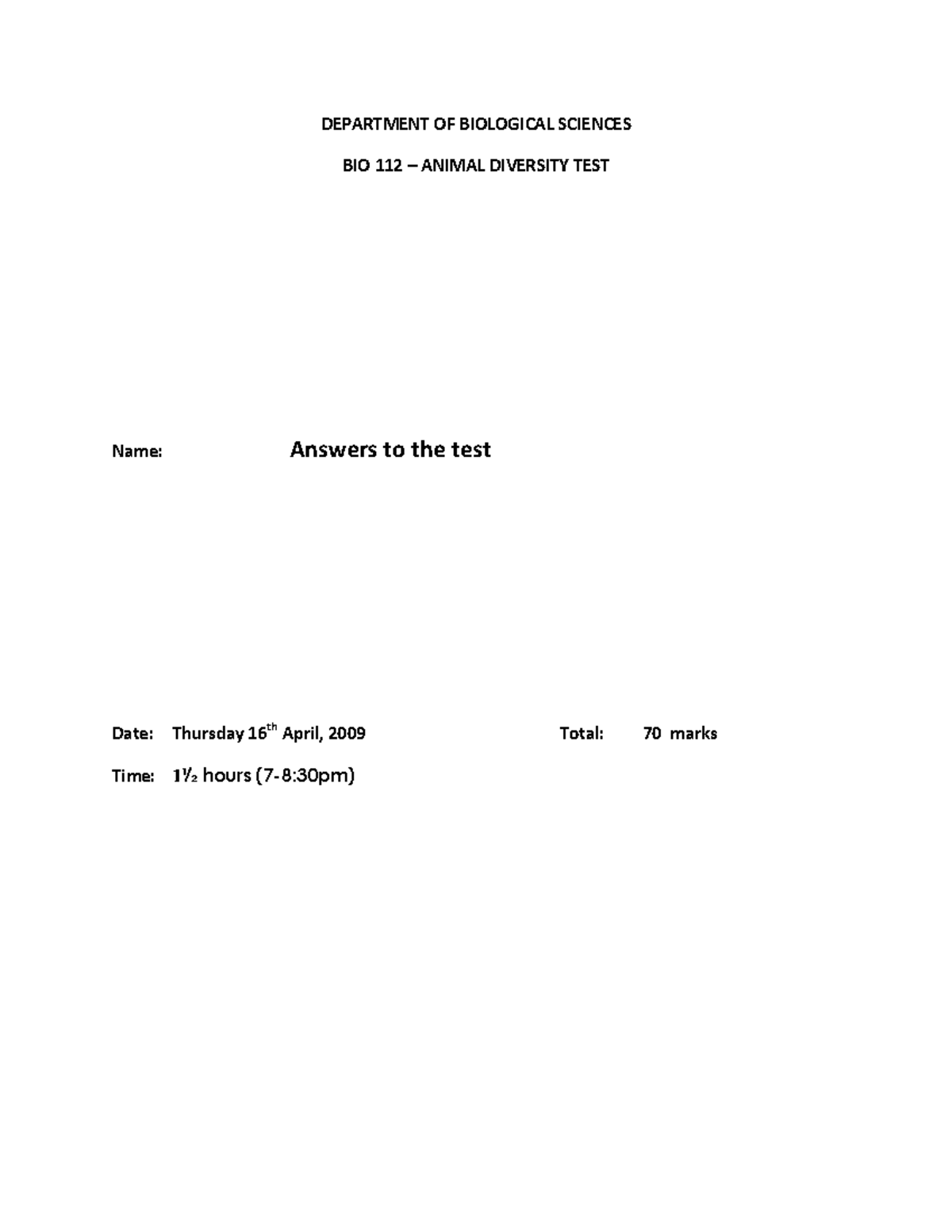 2009 test...animal diversity - DEPARTMENT OF BIOLOGICAL SCIENCES BIO ...