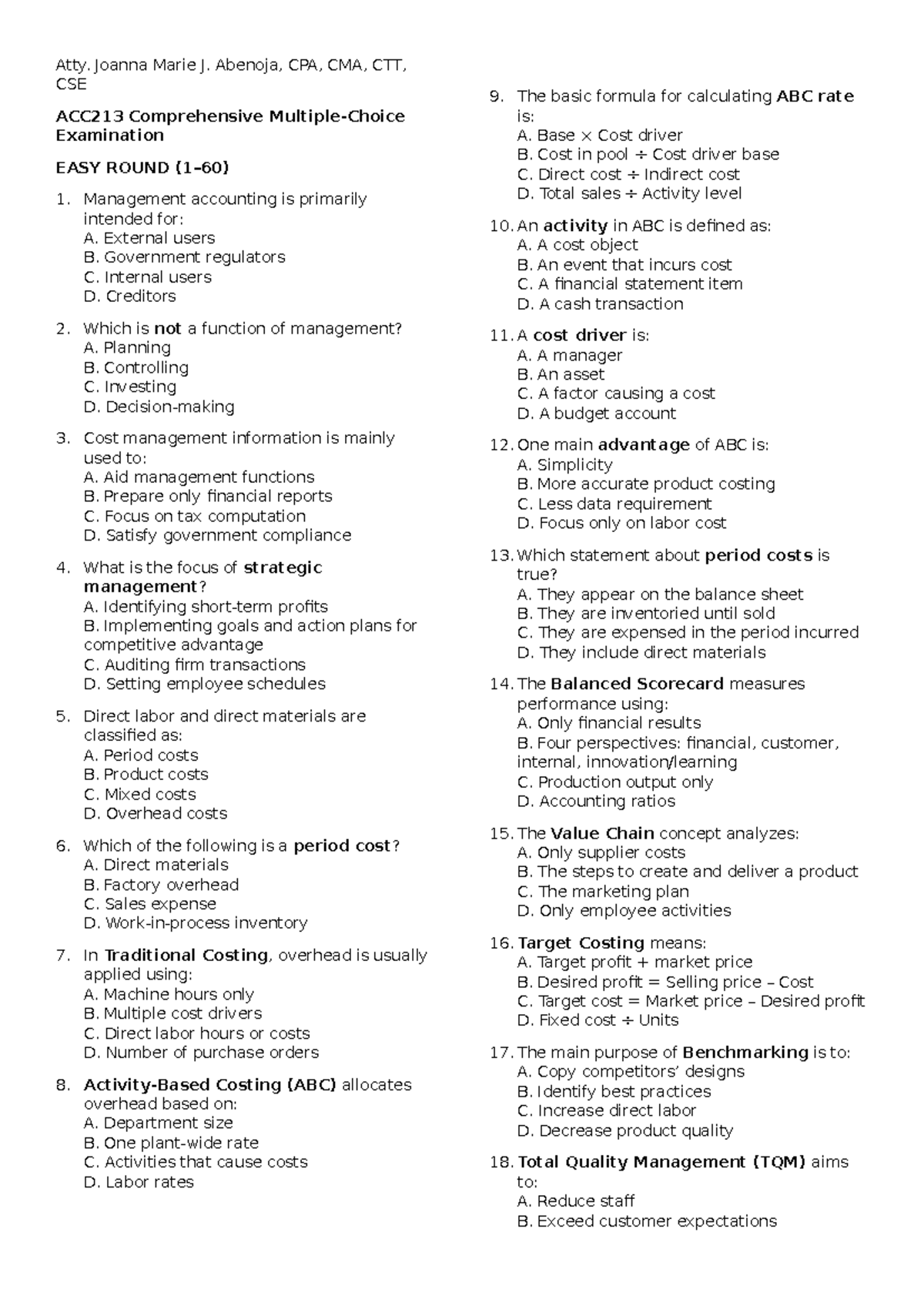 ACC213 Comprehensive Examination Study Guide: Key Concepts and ...