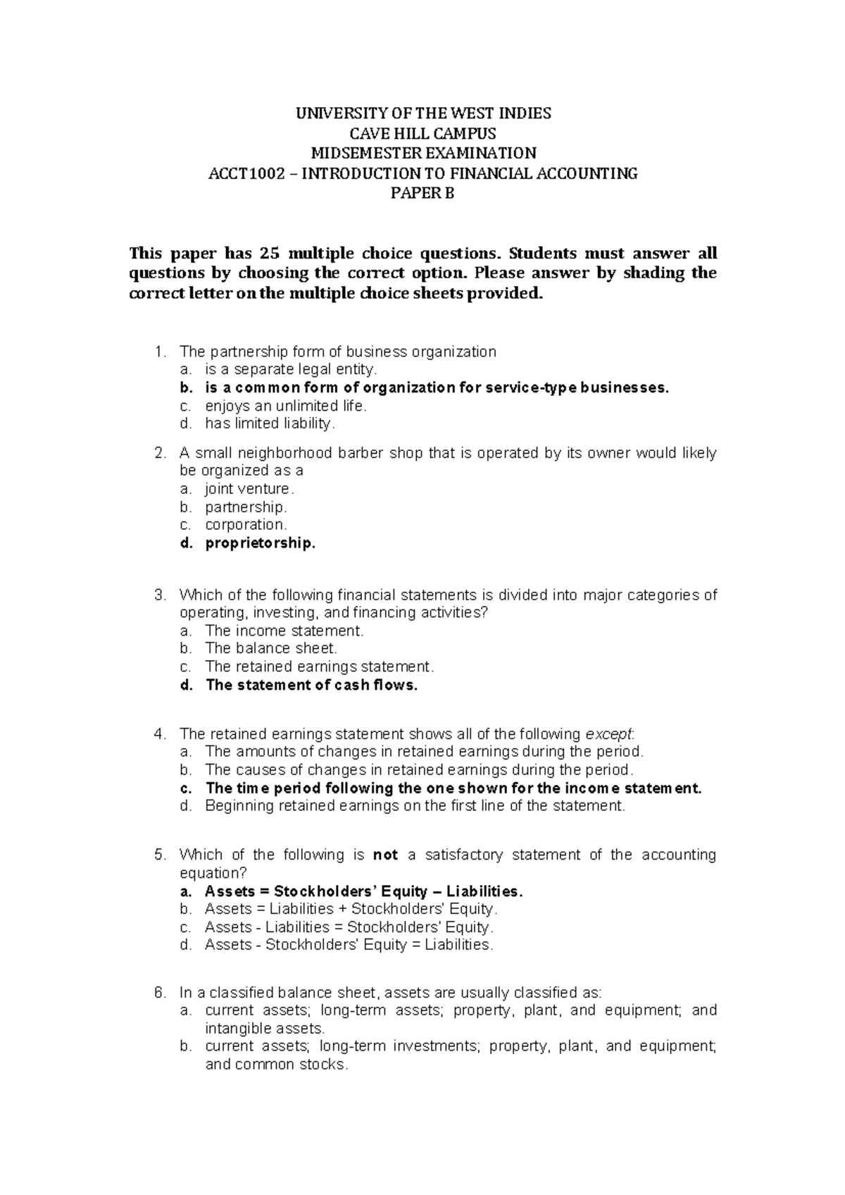 Midterm Exam ACCT1002 2015-2016 Paper B with Answers and Solutions ...