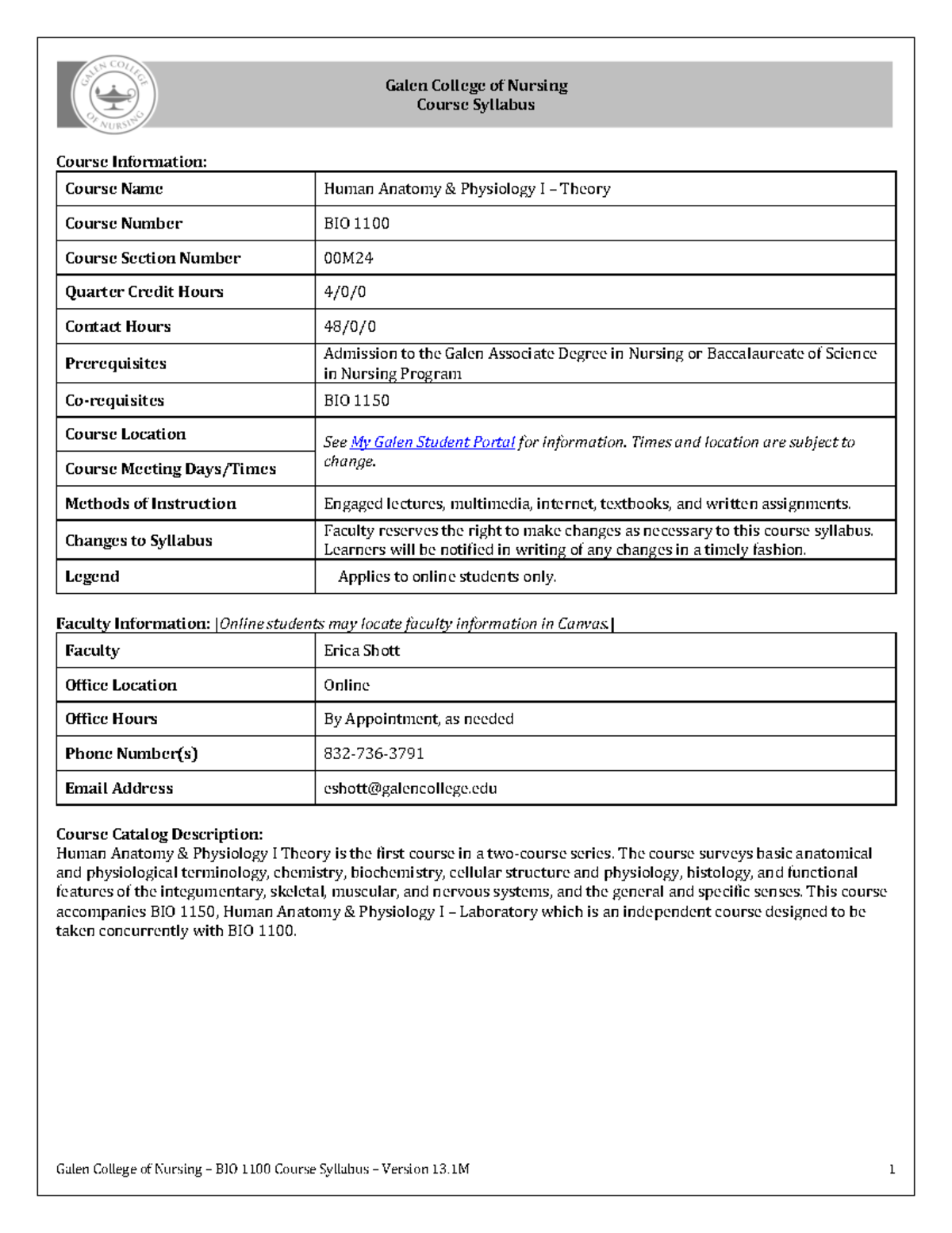 Syllabus for BIO 1100: Human Anatomy & Physiology I at Galen College ...