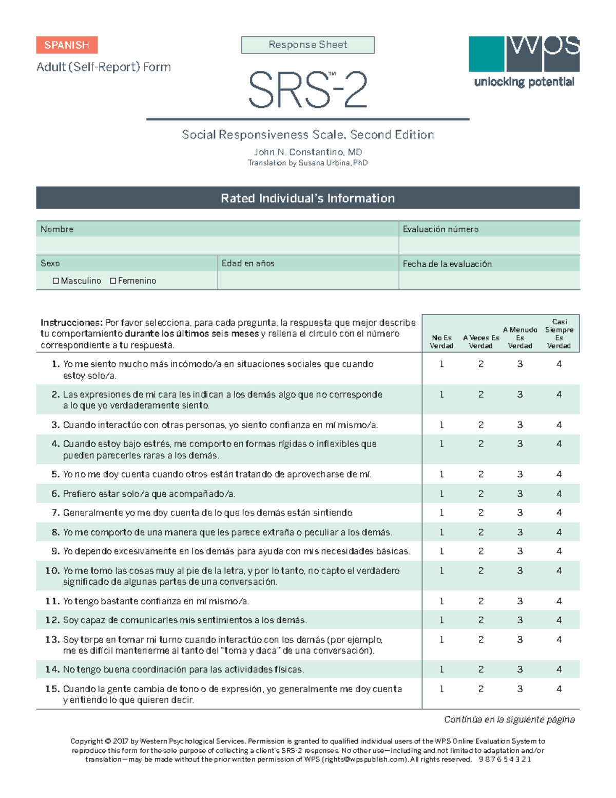 Response Sheet SRS-2 Adulto Autoreporte - Social Responsiveness Scale ...
