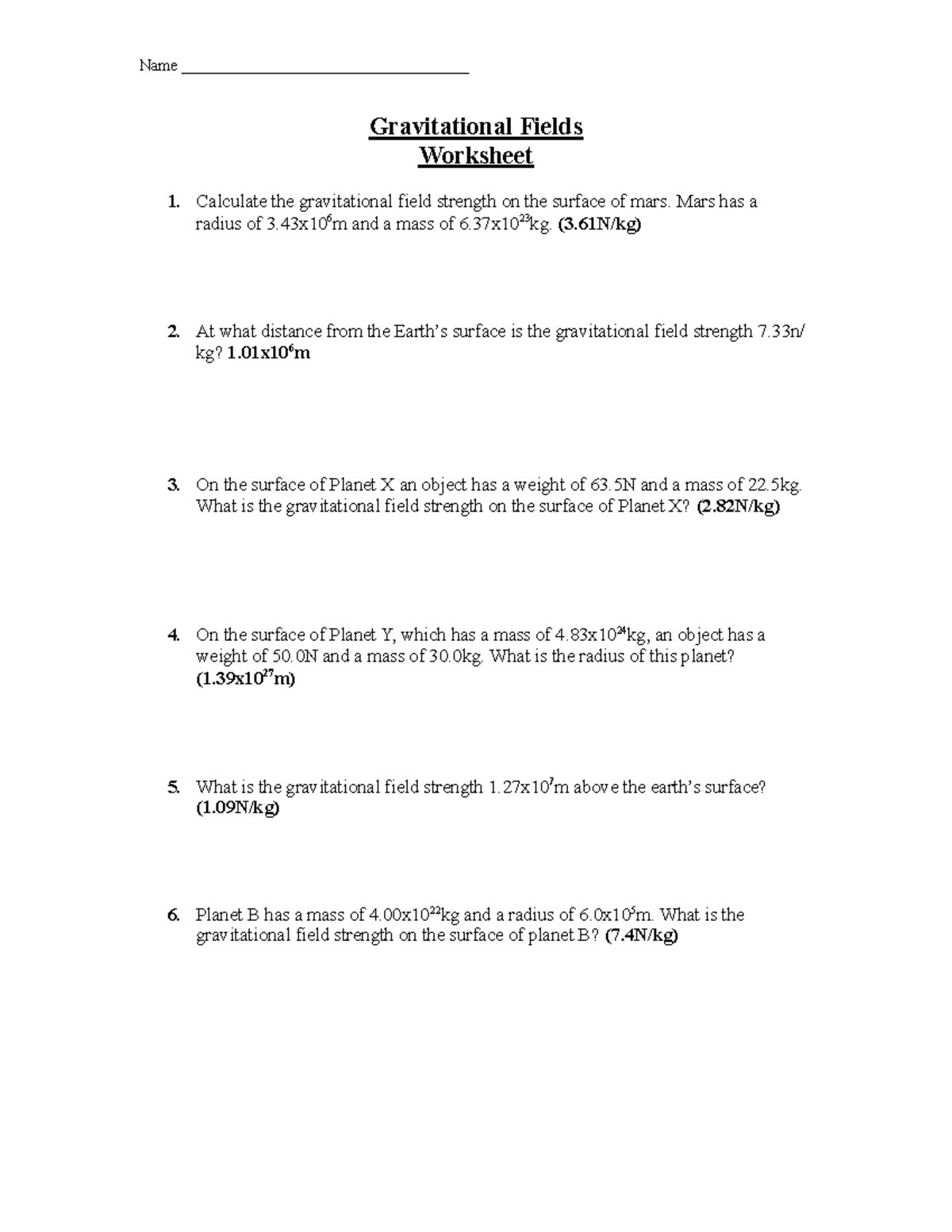 Gravitational Fields worksheet - Name _____________________________________ Gravitational Fields ...