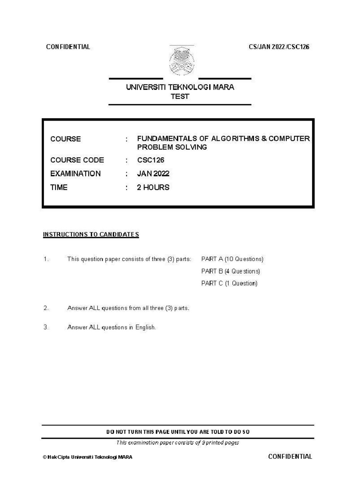 CSC126 JAN 2022 Final Exam Paper: Fundamentals of Algorithms - Studocu