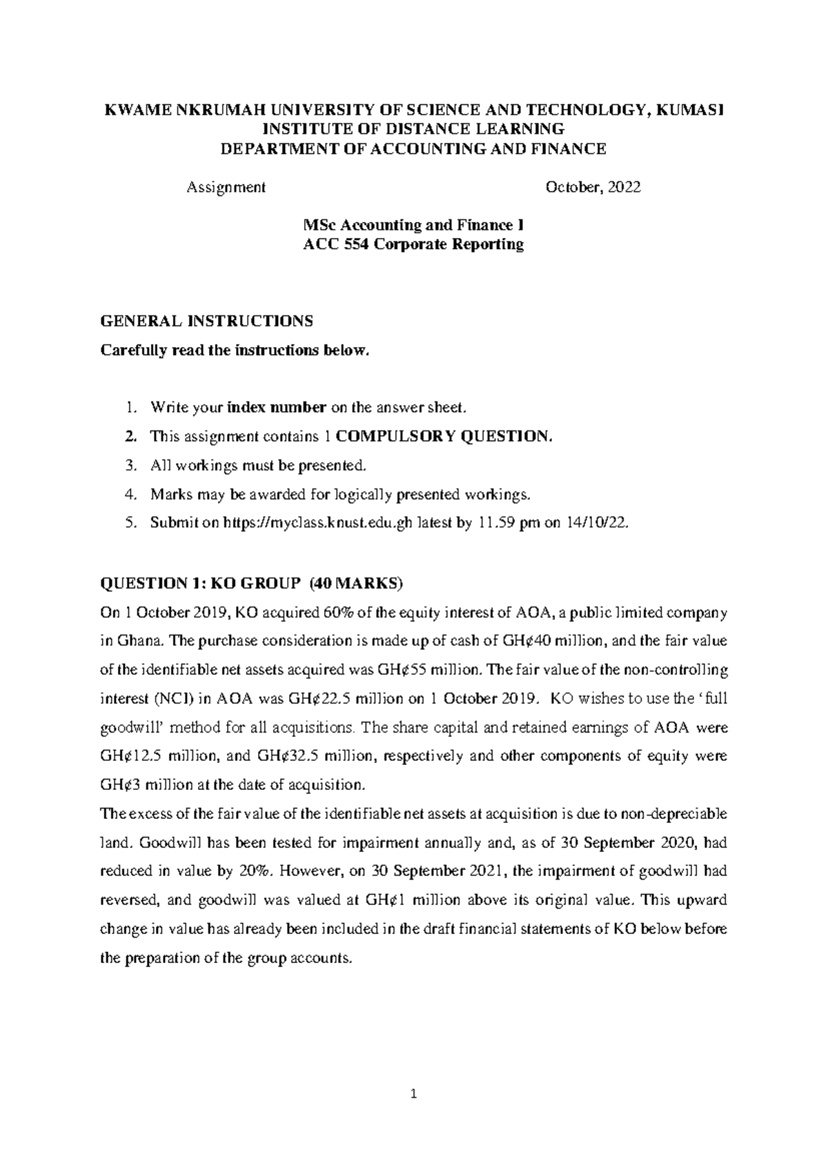MSc ACC 554 Assignment: Corporate Reporting October 2022 - Studocu